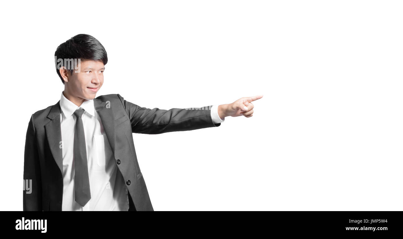 Portrait of a handsome businessman pointed the finger to right side ...