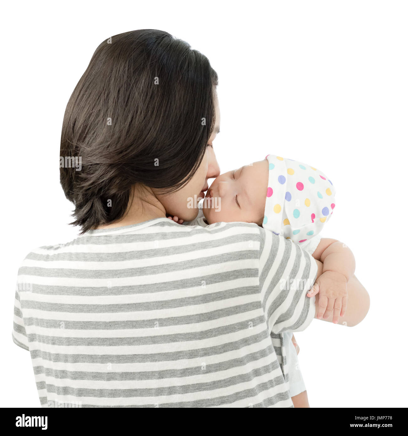 Portrait of a young mother hugging her baby in hands. Isolated on white ...
