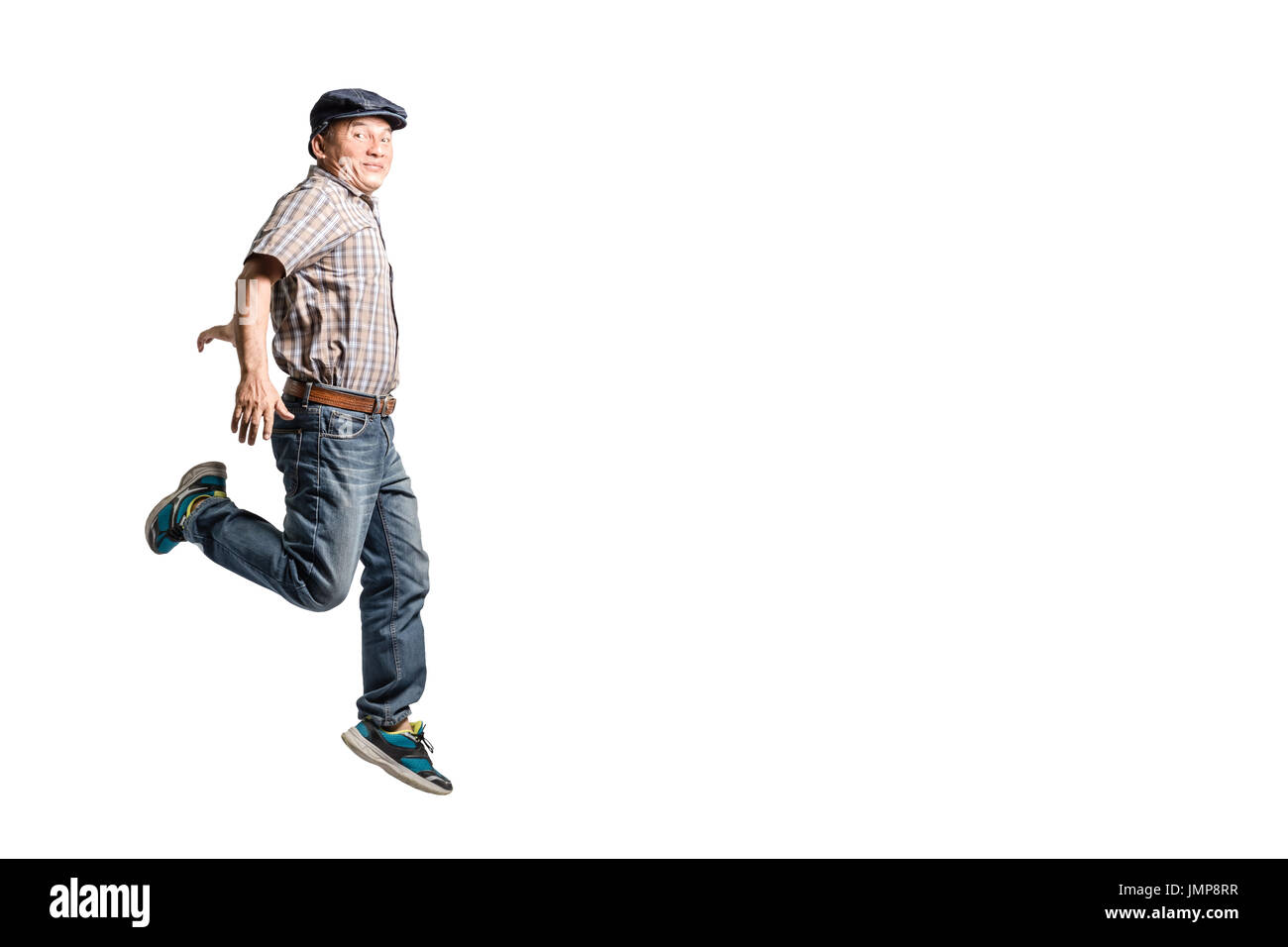 Portrait of a happy mature man running forward. Isolated full body on ...