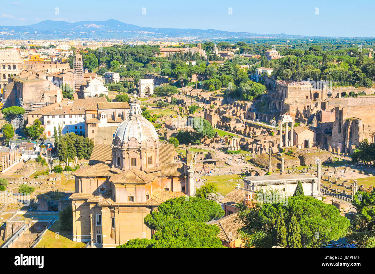 Aerial view of ruins in Rome, Italy as seen from Vittorio Emanuele ...