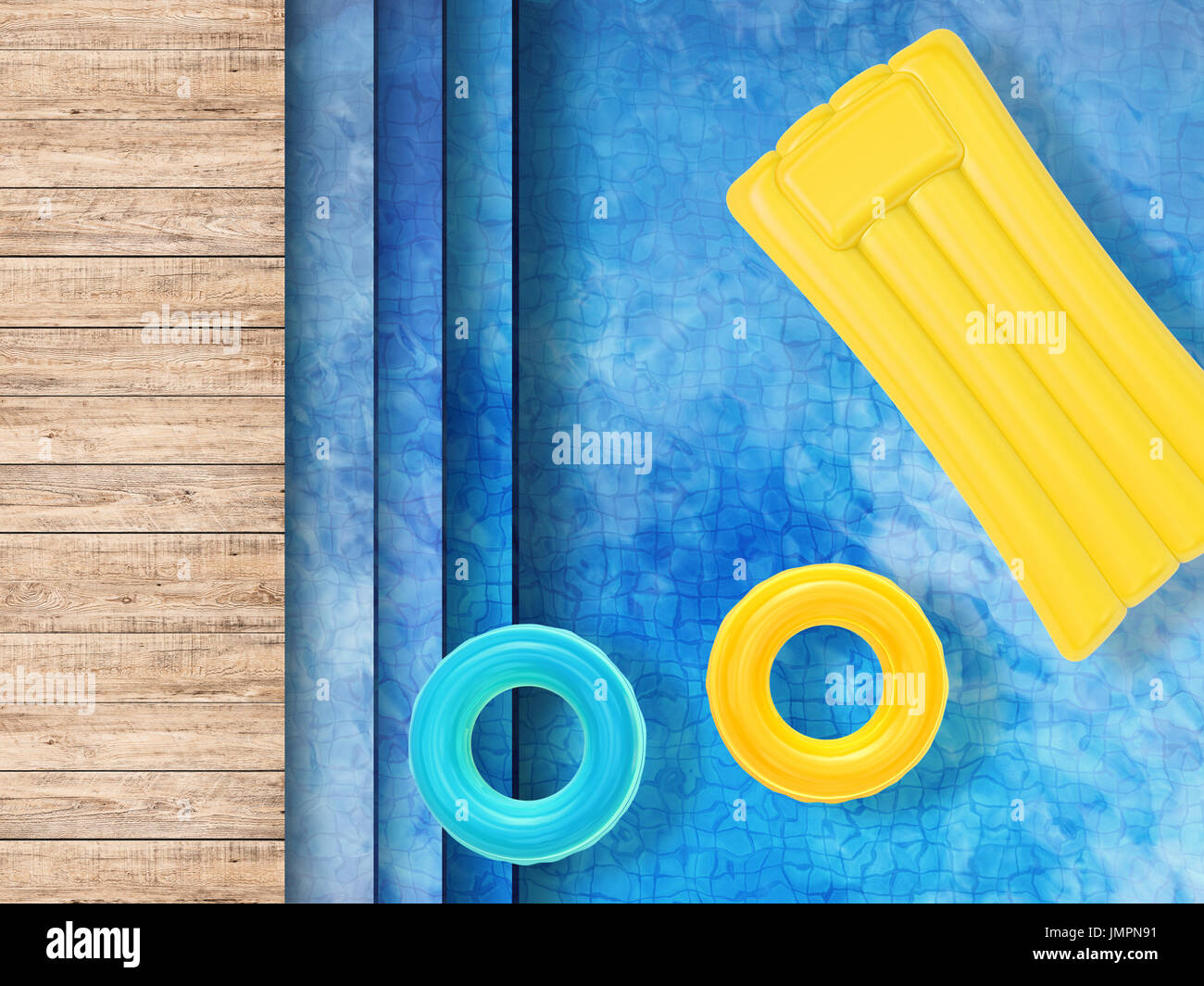 3d rendering pool top view with swim rings and inflatable raft Stock ...