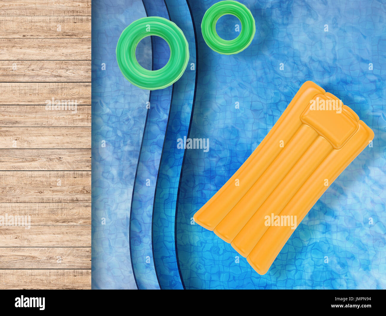 3d rendering pool top view with swim rings and inflatable raft Stock ...
