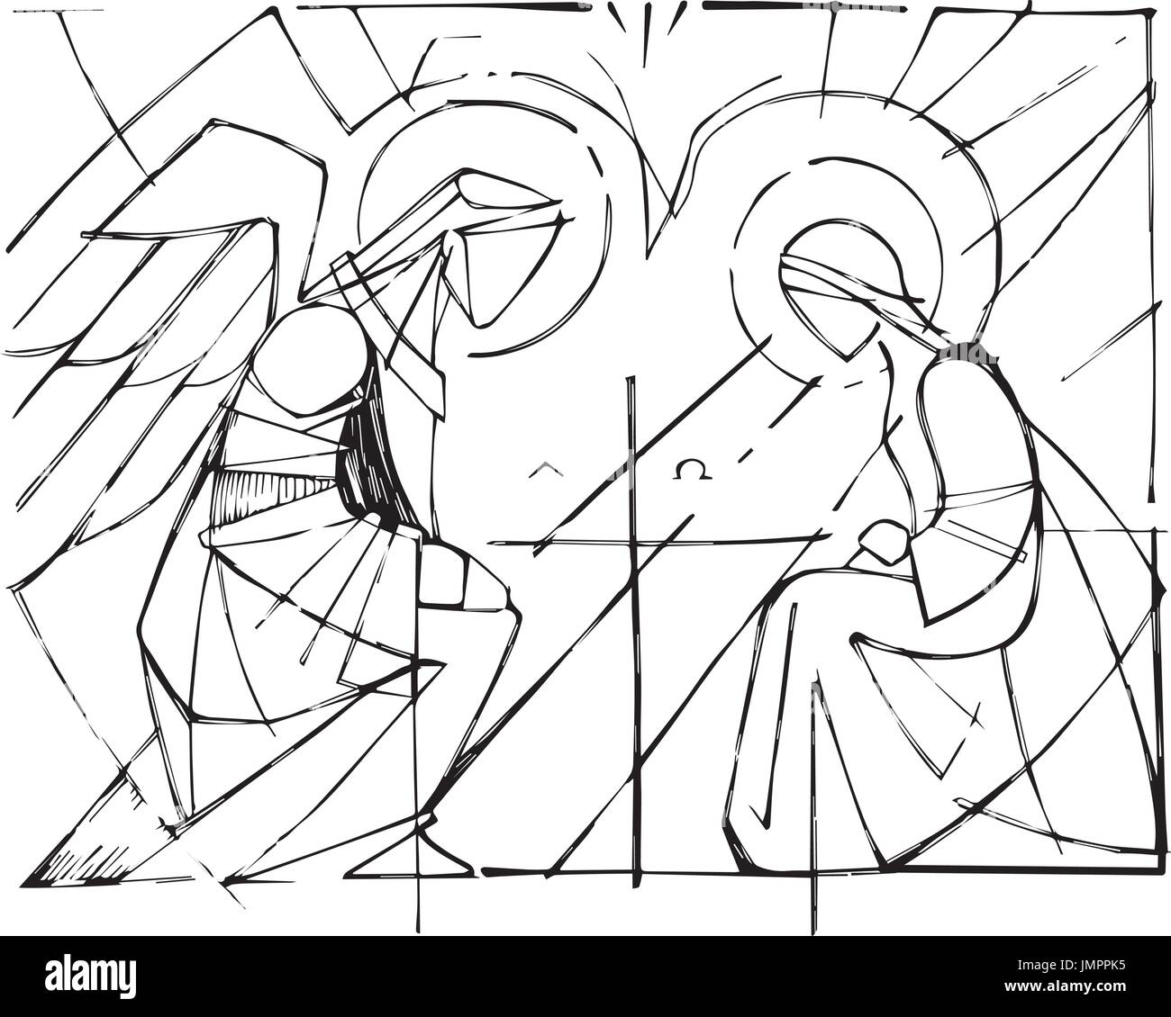 Hand drawn vector illustration or drawing of Virgin Mary and Gabriel ...