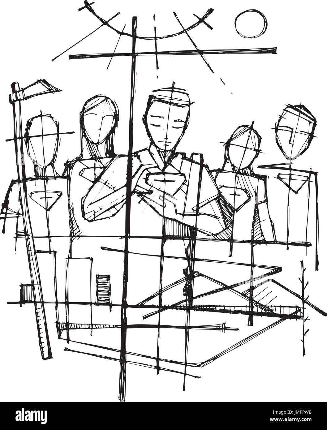 Hand drawn vector illustration or drawing of some people and religious ...