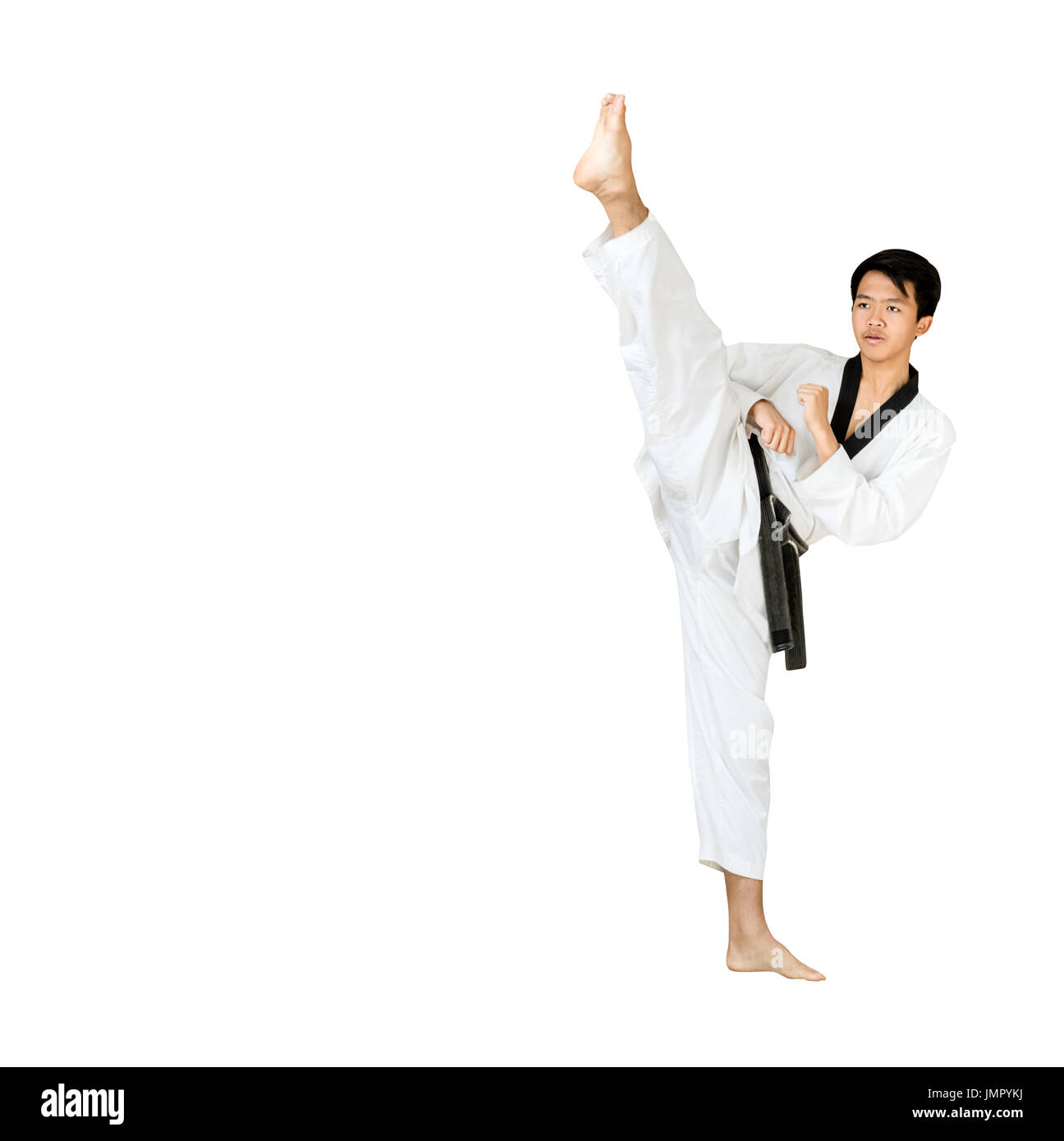 Portrait of a handsome asian man kick with taekwondo black belt ...