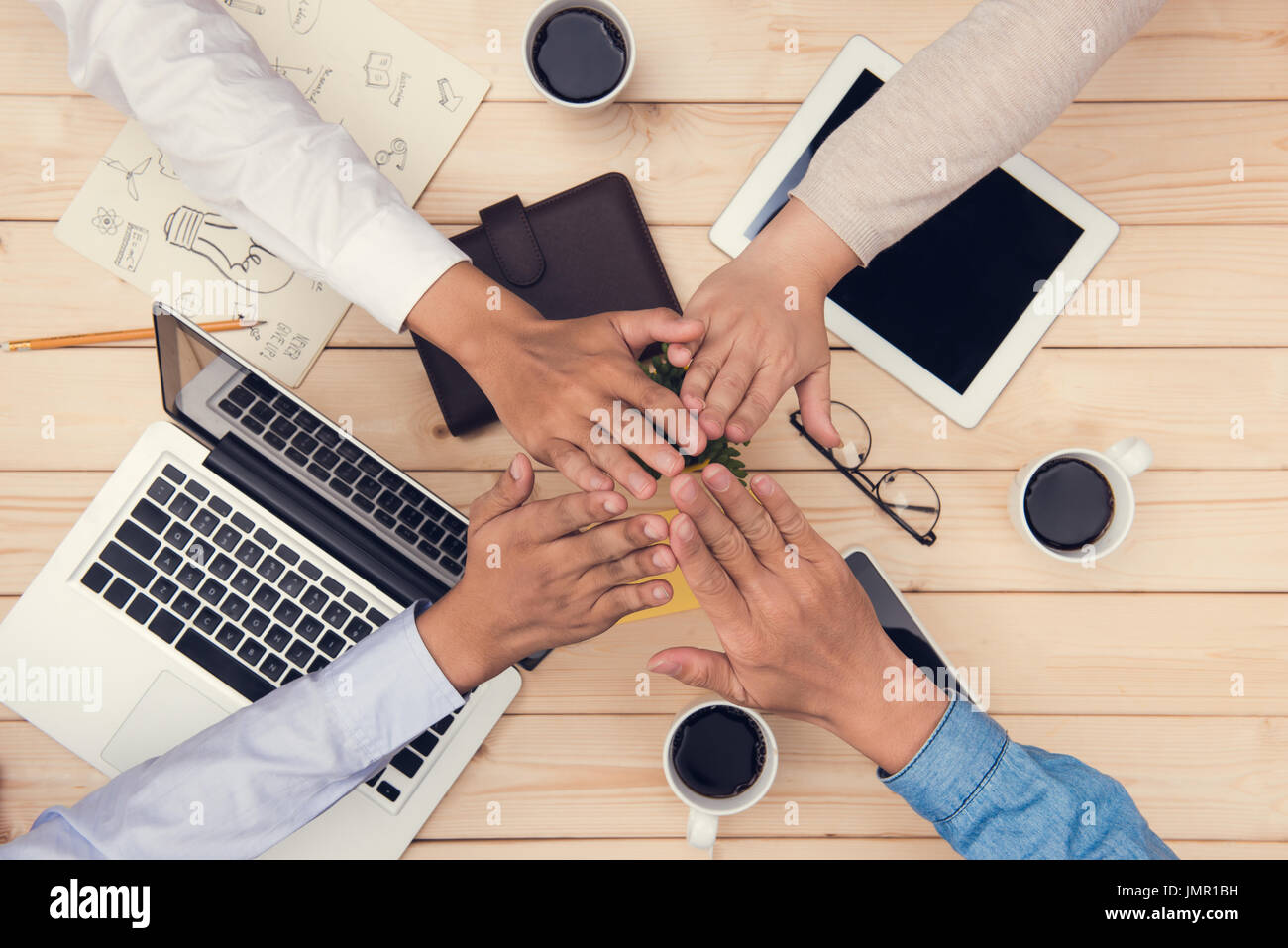 Collaboration connection team brainstorming inity. Teamwork stacking ...