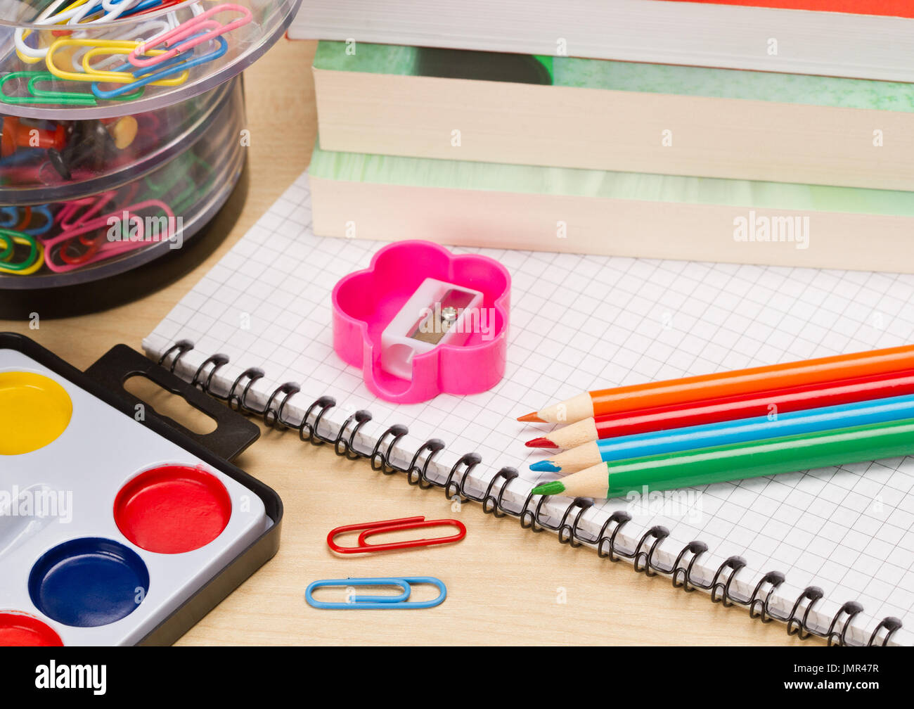 School supplies on table Stock Photo - Alamy