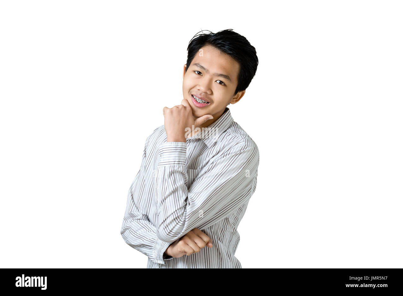 Portrait of an asian businessman thinking. Isolated on white background ...