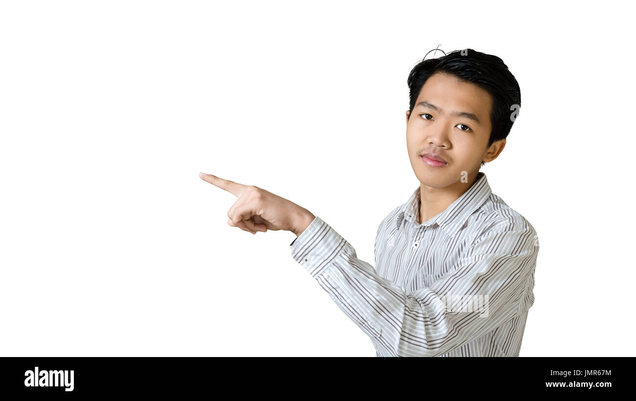 Portrait of a young businessman pointed the finger to left side ...