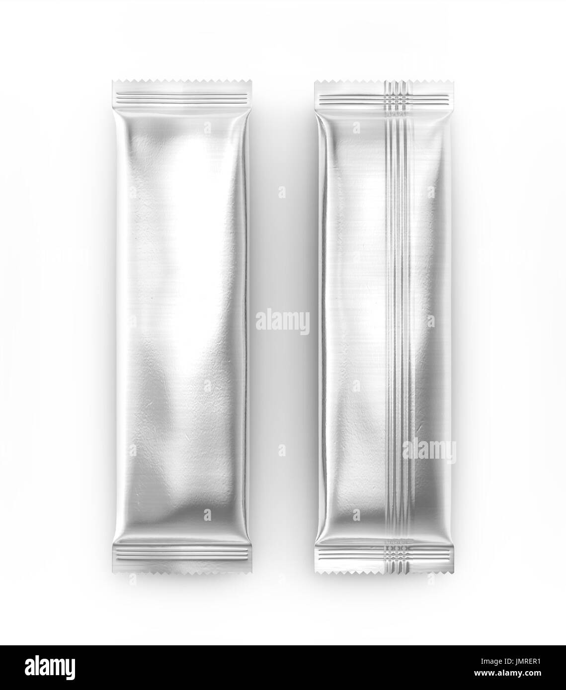 Blank food package mockup, two silver bags template for snacks, sugar ...