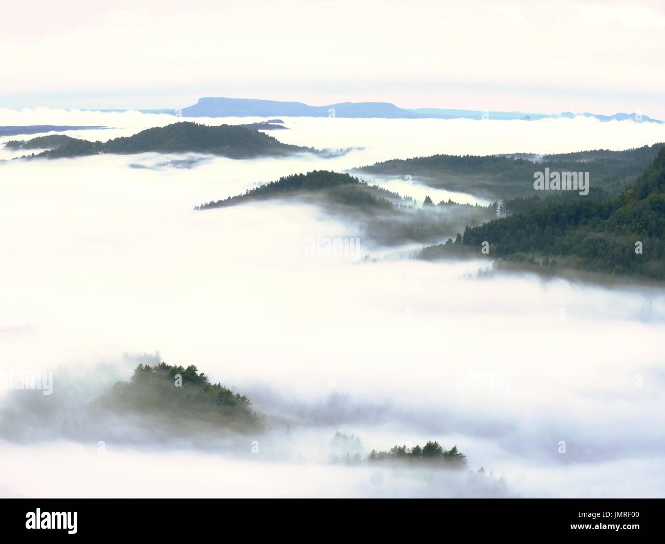 Heavy mist in landscape. Magnificent autumn creamy fog in countryside ...