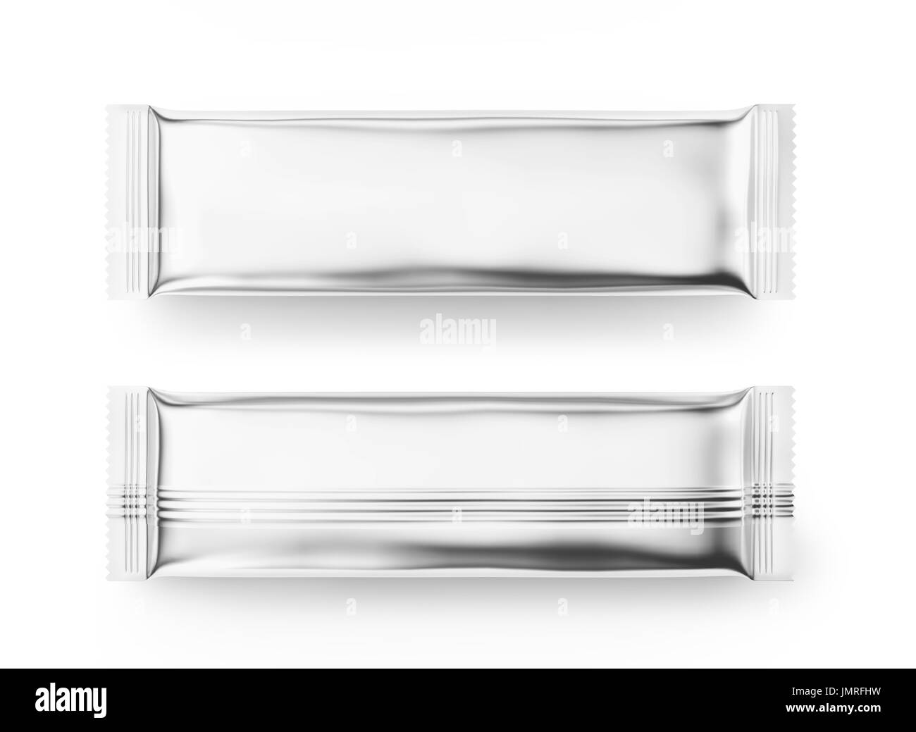 Blank food package mockup, two silver bags template for snacks, sugar ...