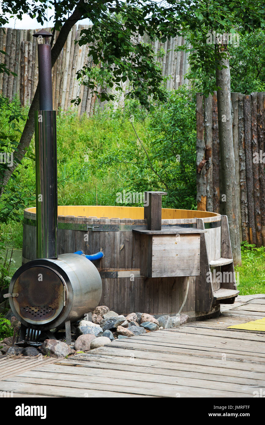 Japanese bath Furo with wood stove Stock Photo - Alamy