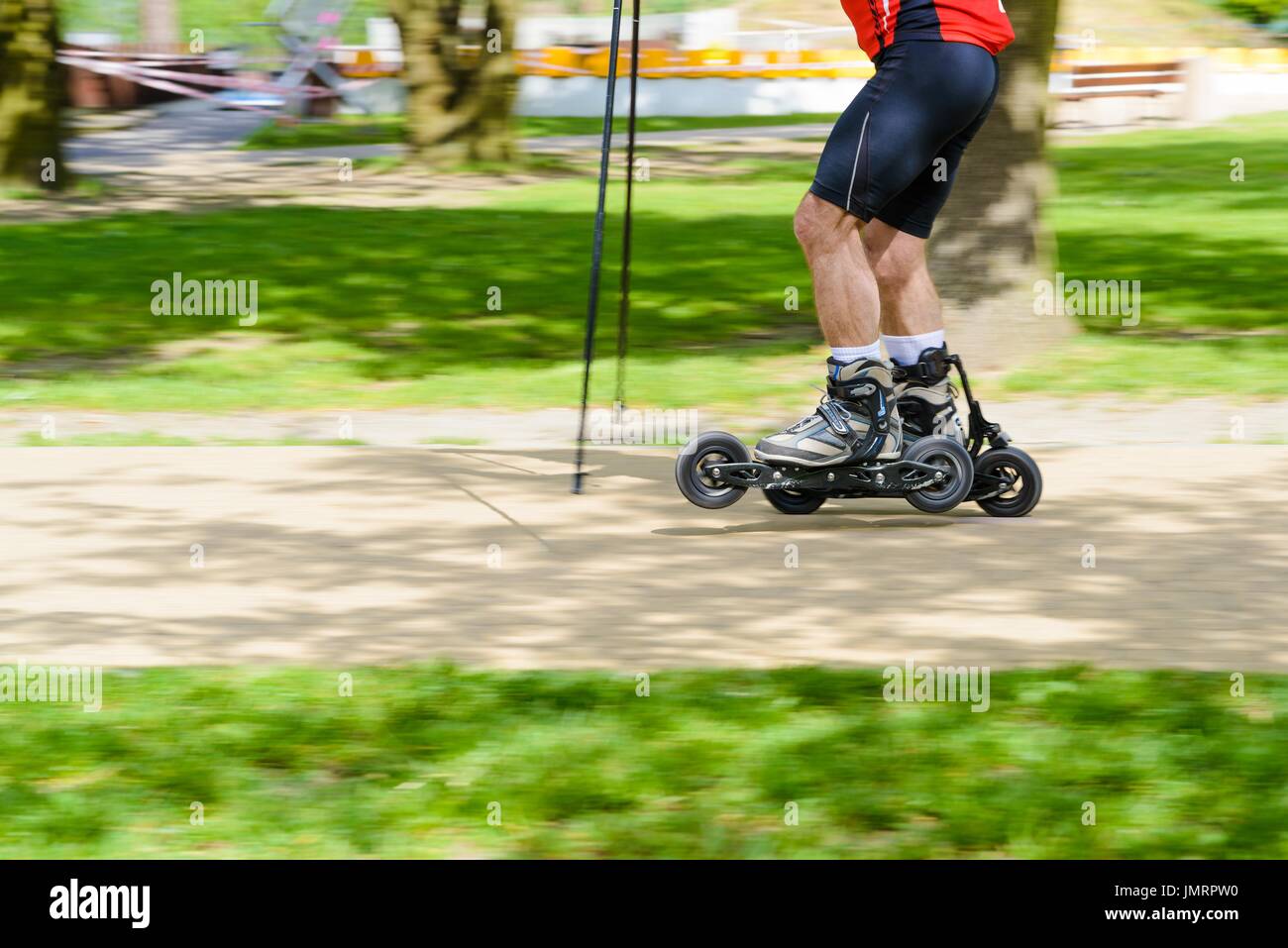 Man cross-country skiing with roller ski - motion blur Stock Photo - Alamy