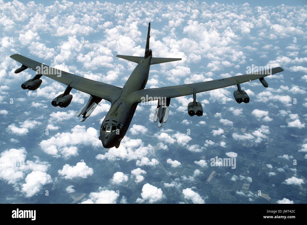 An air-to-air front view of a B-52G Stratofortress aircraft from the ...
