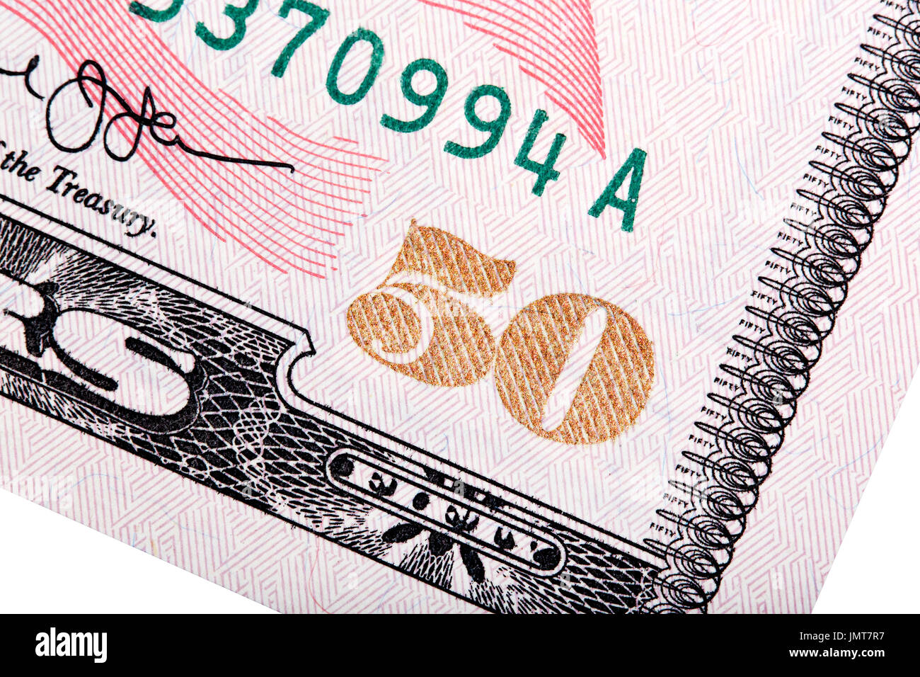 Fifty dollar bill detail isolated on white Stock Photo - Alamy