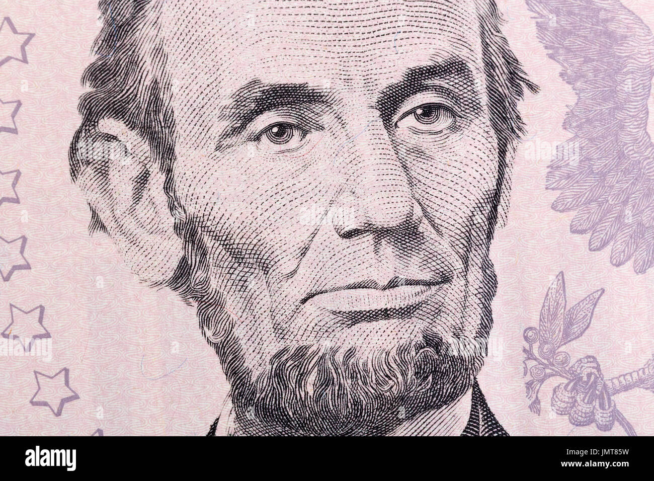 Macro portrait of Abraham Lincoln on five U.S. dollar bill Stock Photo ...