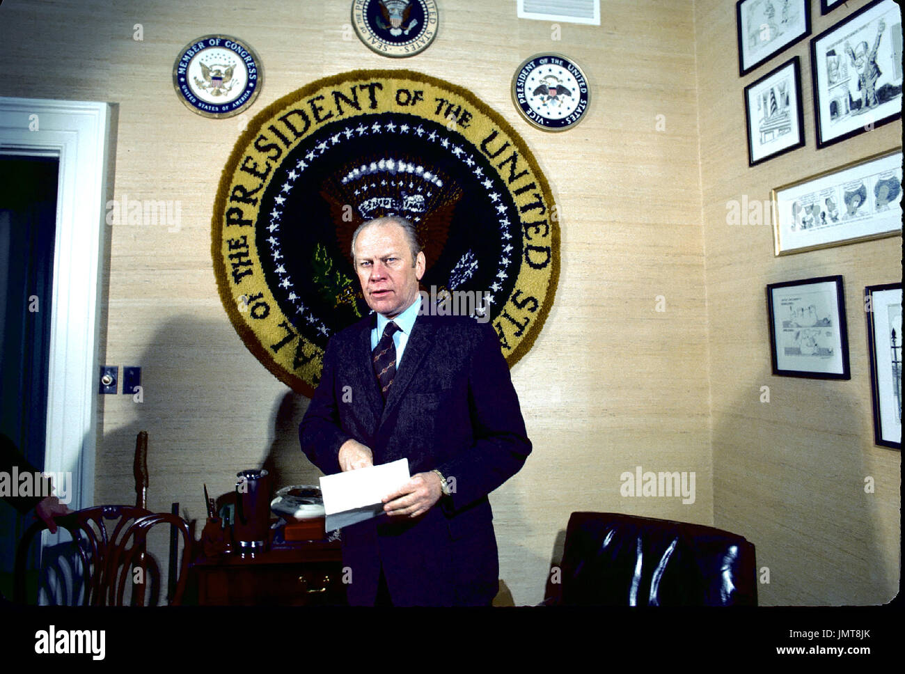 United States President Gerald R. Ford works in the Oval Office Study ...