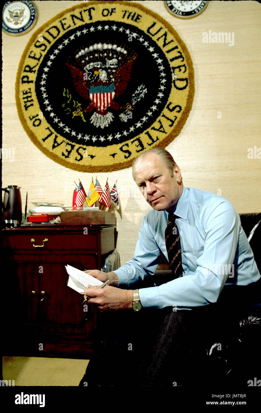 United States President Gerald R. Ford works in the Oval Office Study ...