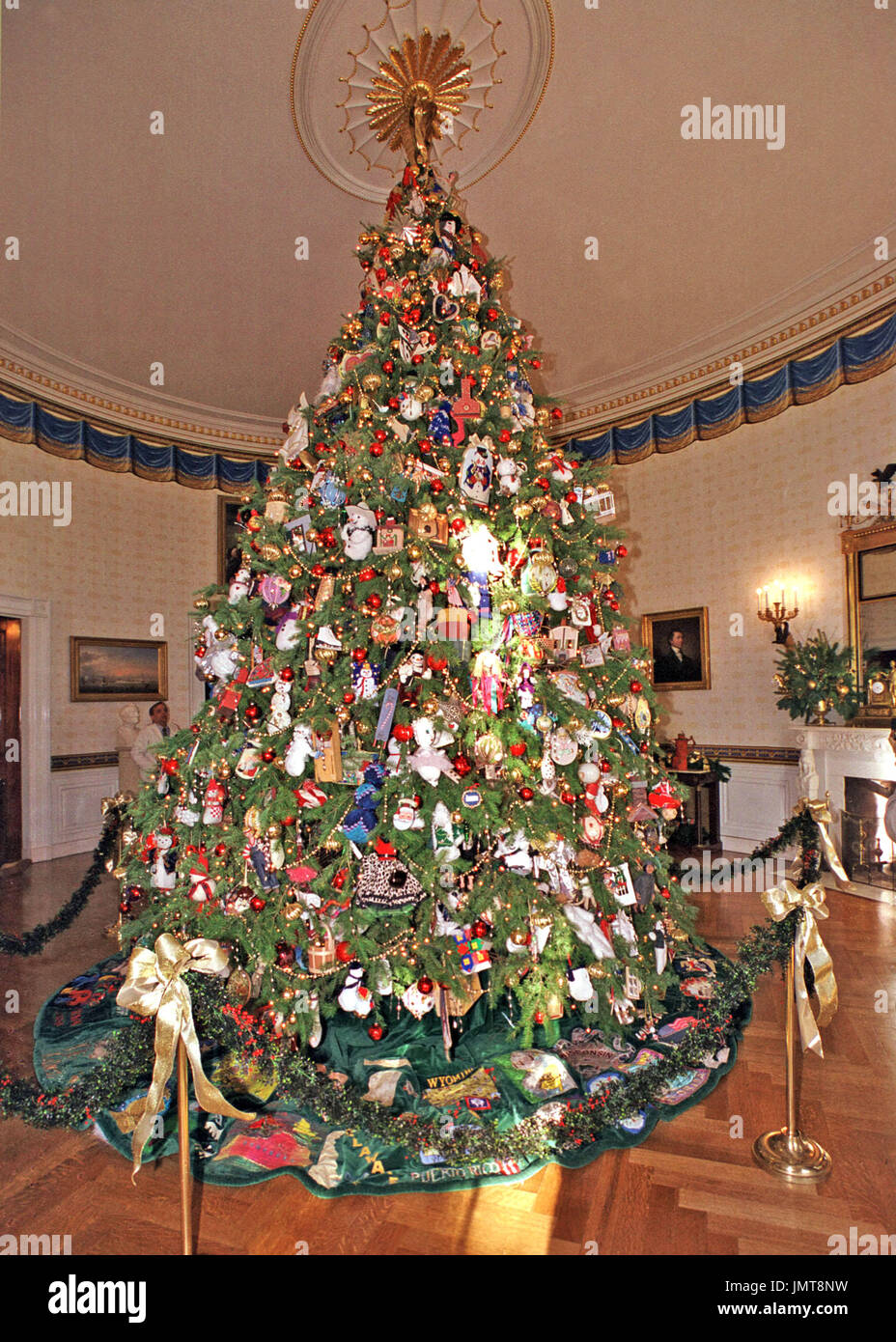 The White House Christmas tree in the Blue Room at the White House in ...