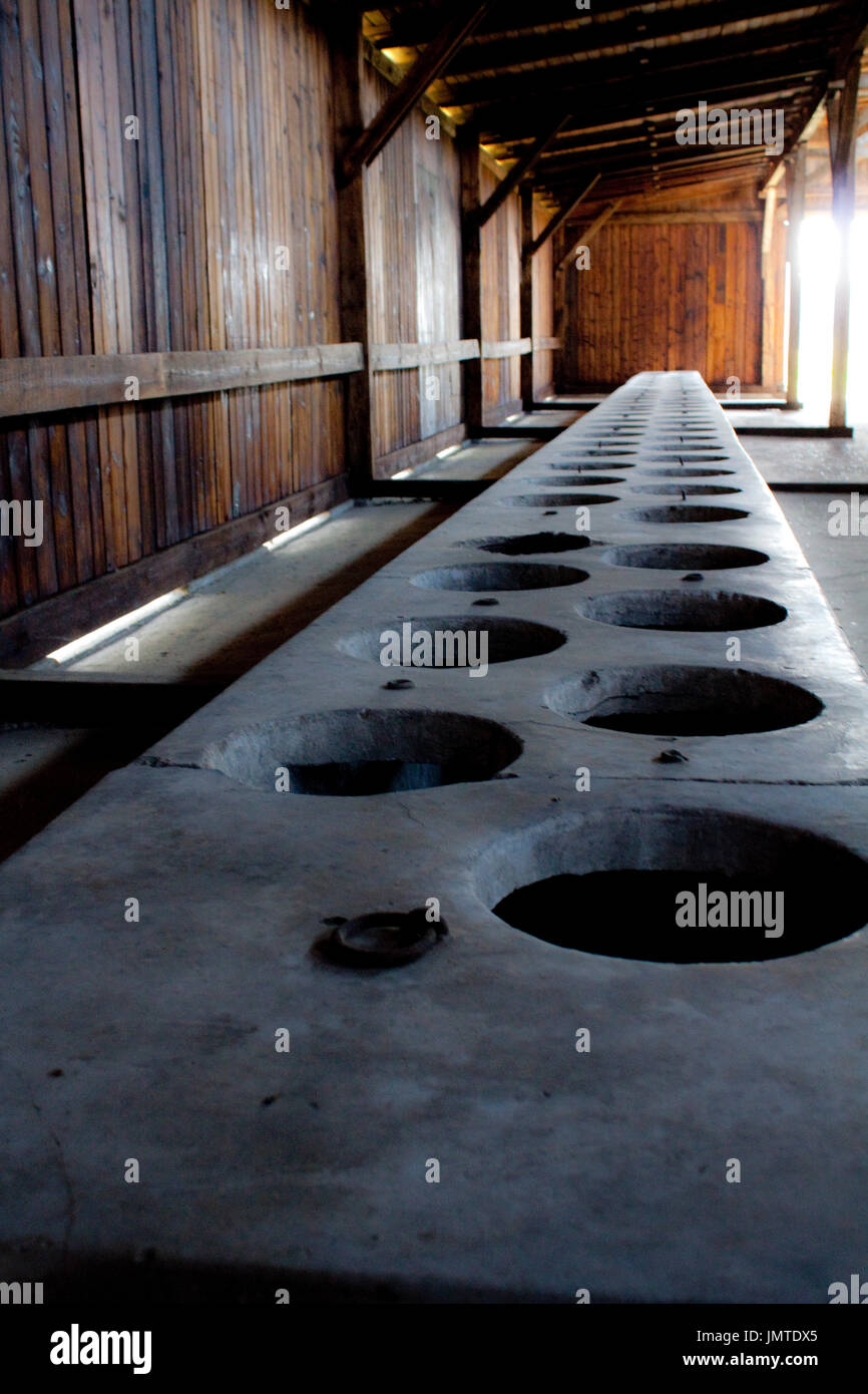 Shared lavatory for prisoners in Auschwitz concentration camp in Poland ...