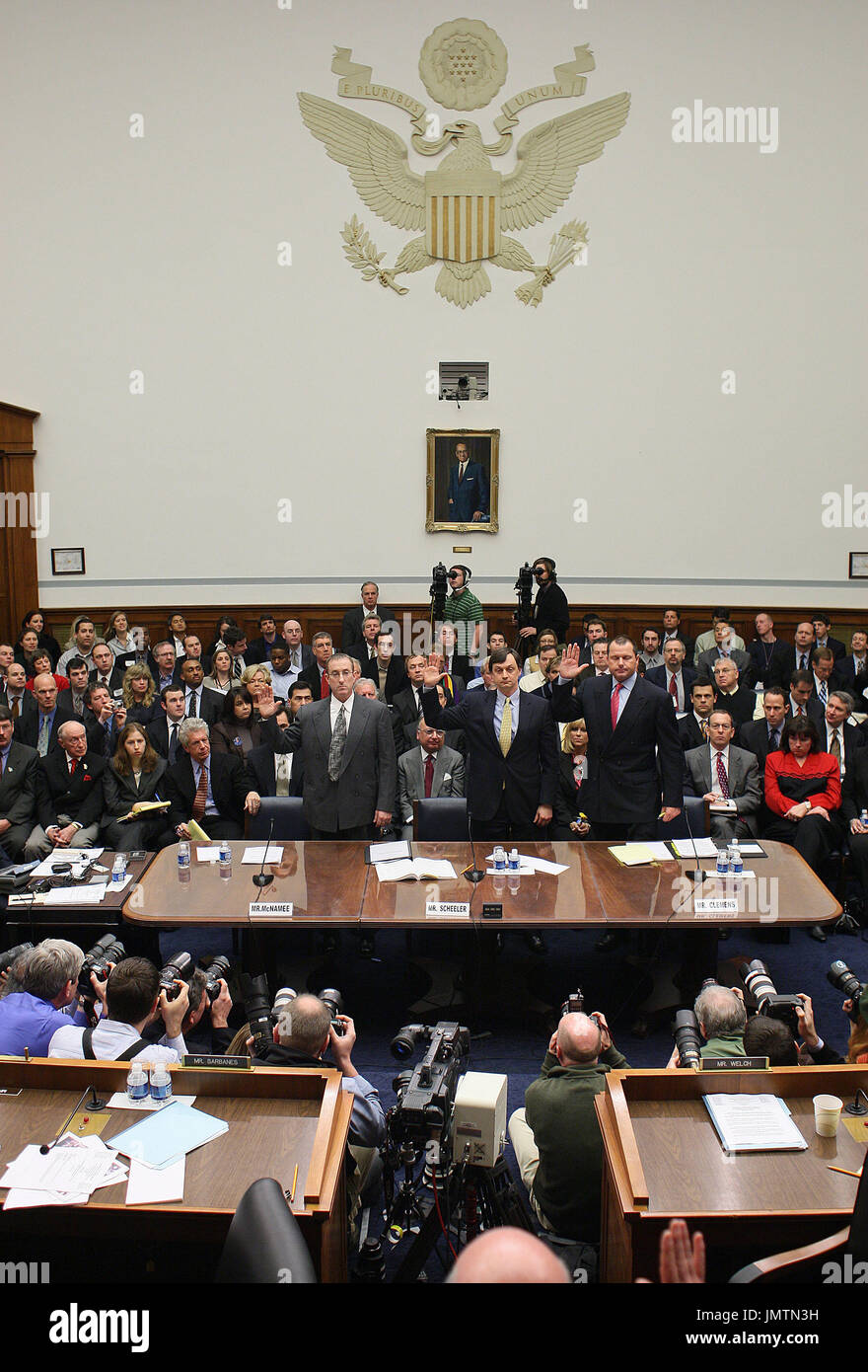 At the table, from left, Brian McNamee, former personal trainer to ...