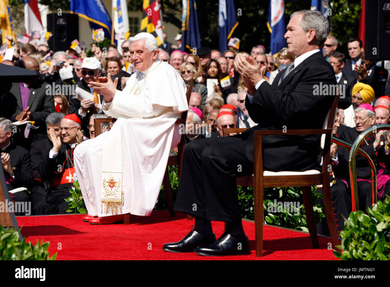 U.S. President George W. Bush (R) and Pope Benedict XVI (L) are seen ...