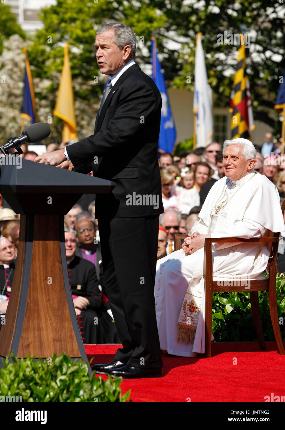 U.S. President George W. Bush (L) speaks as Pope Benedict XVI (R ...