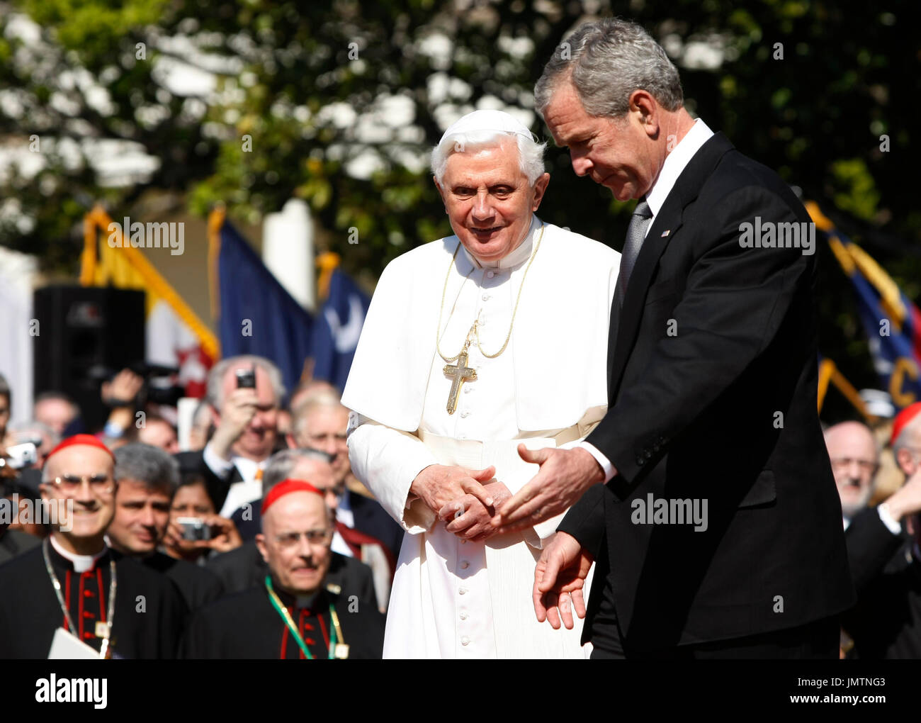 Pope Benedict XVI walks with U.S. President George W. Bush during a ...