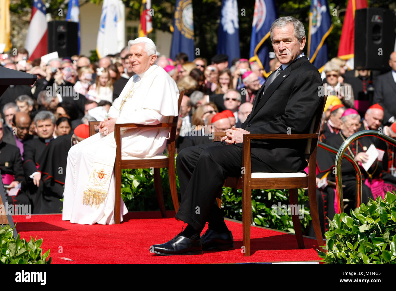 Pope Benedict XVI sits with U.S. President George W. Bush during a ...