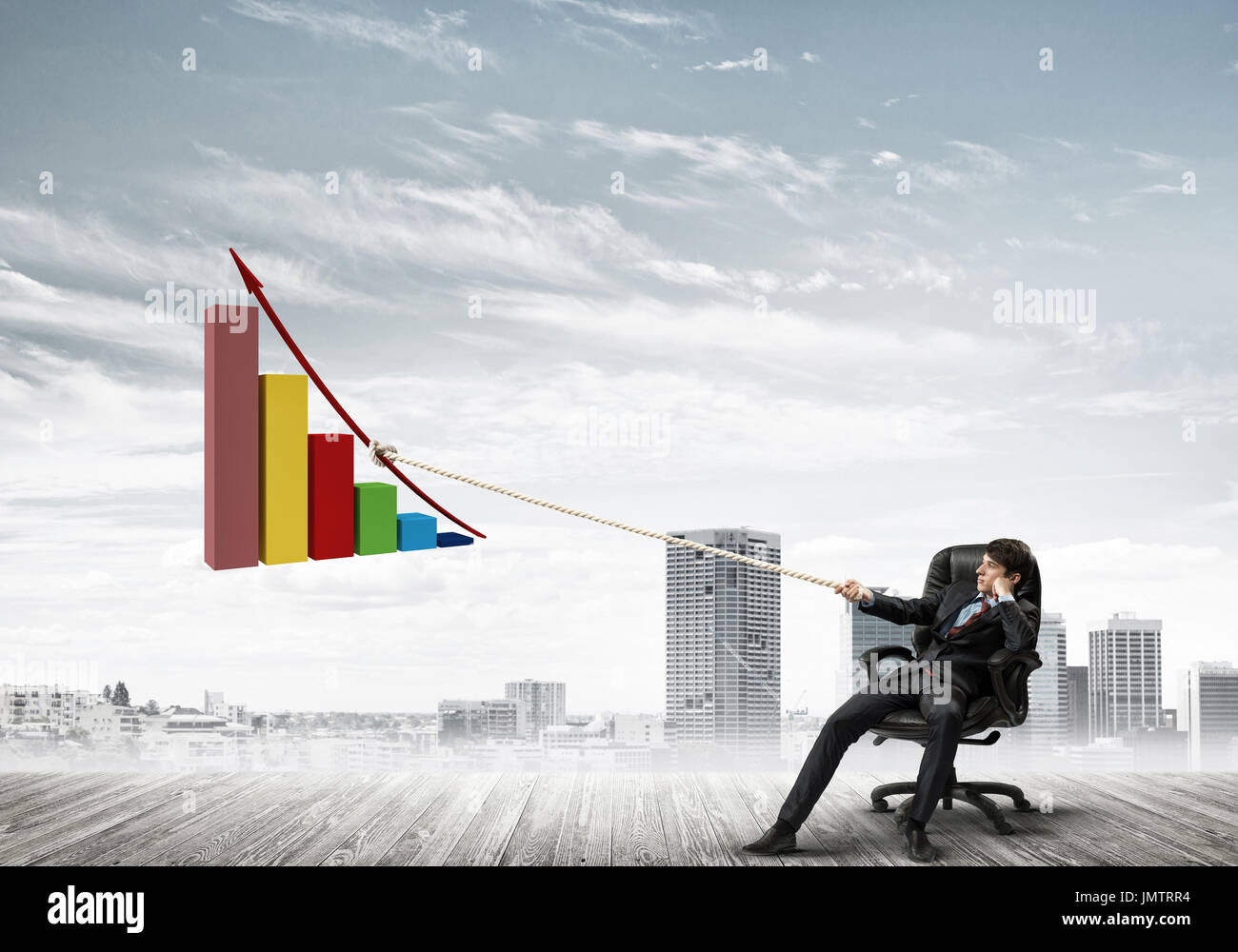 Man pulling with effort big pulling rope graph, as a symbol of ...