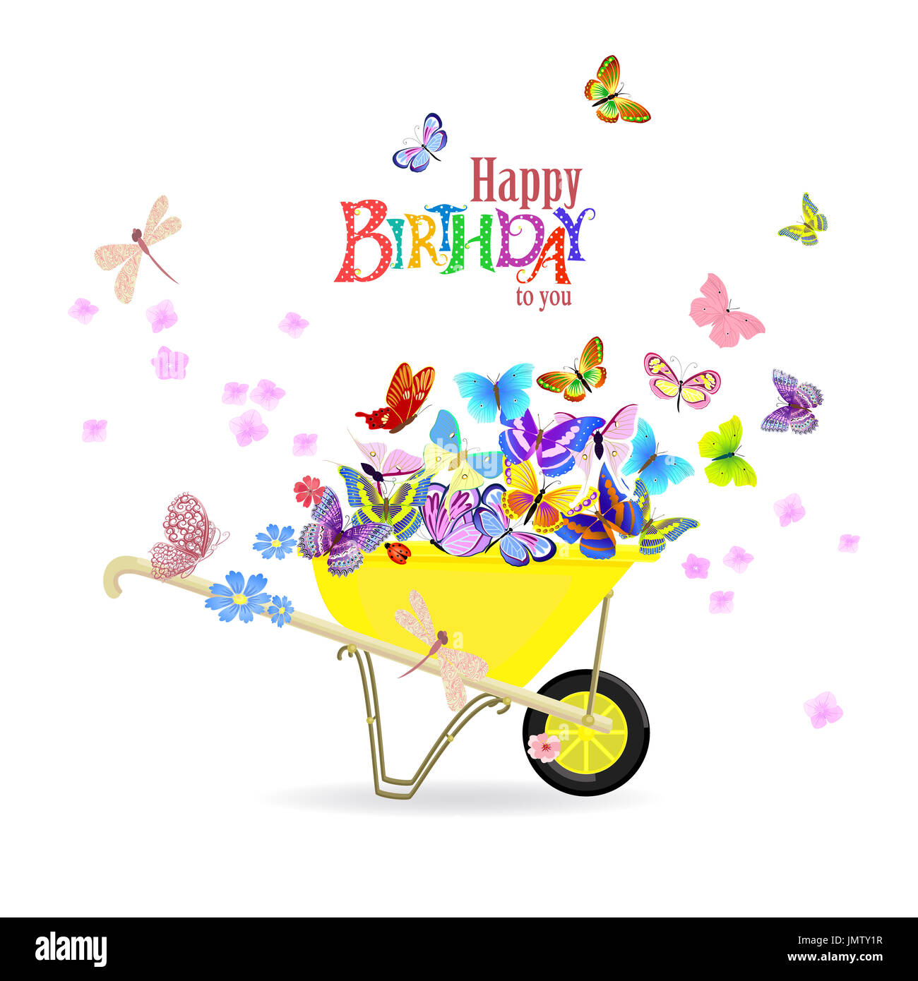 happy invitation card with wheelbarrow of butterflies for your design ...