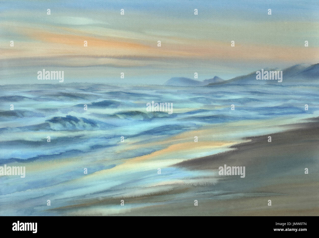 night seaside view watercolor Stock Photo - Alamy