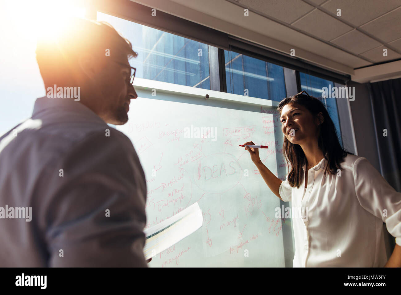businesswoman writing ideas on whiteboard during discussion in ...