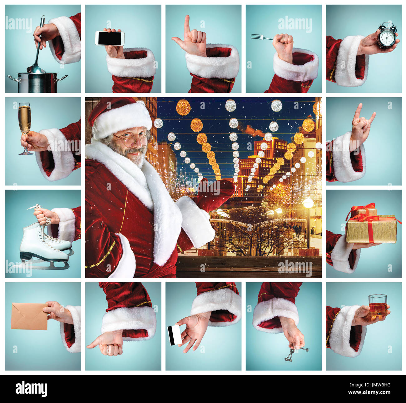 The collage from hand in costume Santa Claus Stock Photo - Alamy