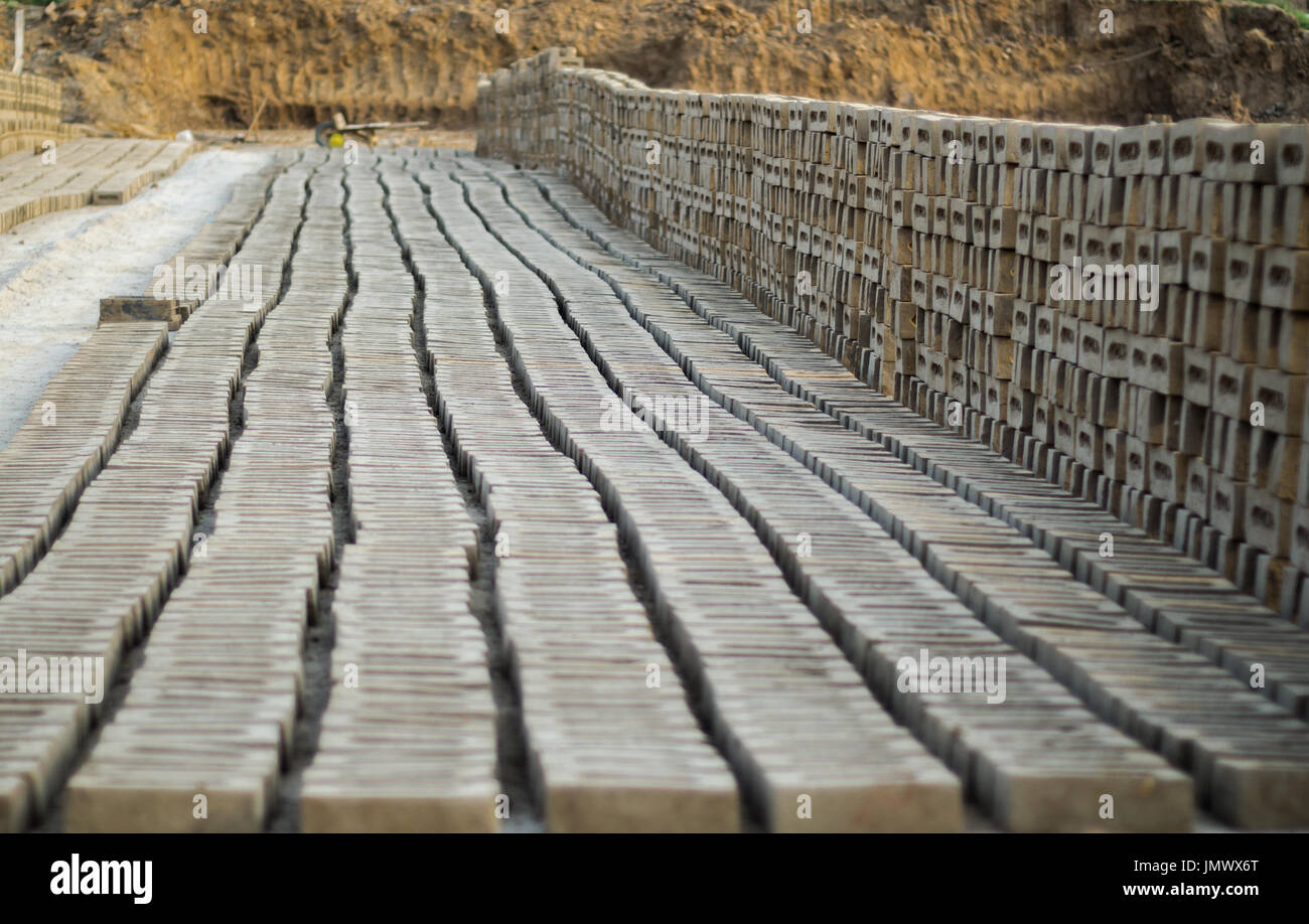 AMRITSAR, PUNJAB, INDIA - 21 APRIL 2017 : bricks lined up to dry at a ...
