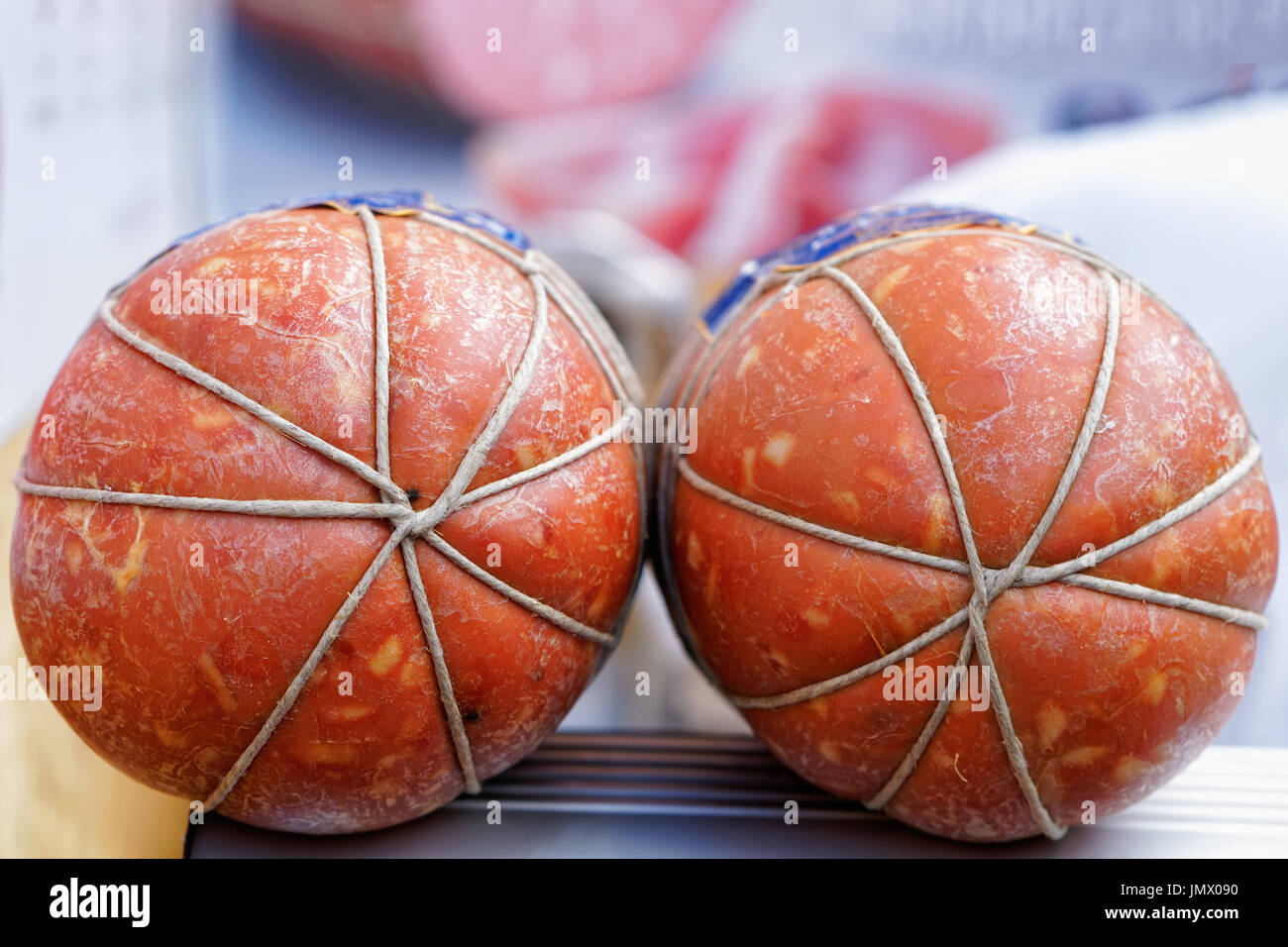 Italian traditional Bologna sausages at the stall on the market in ...