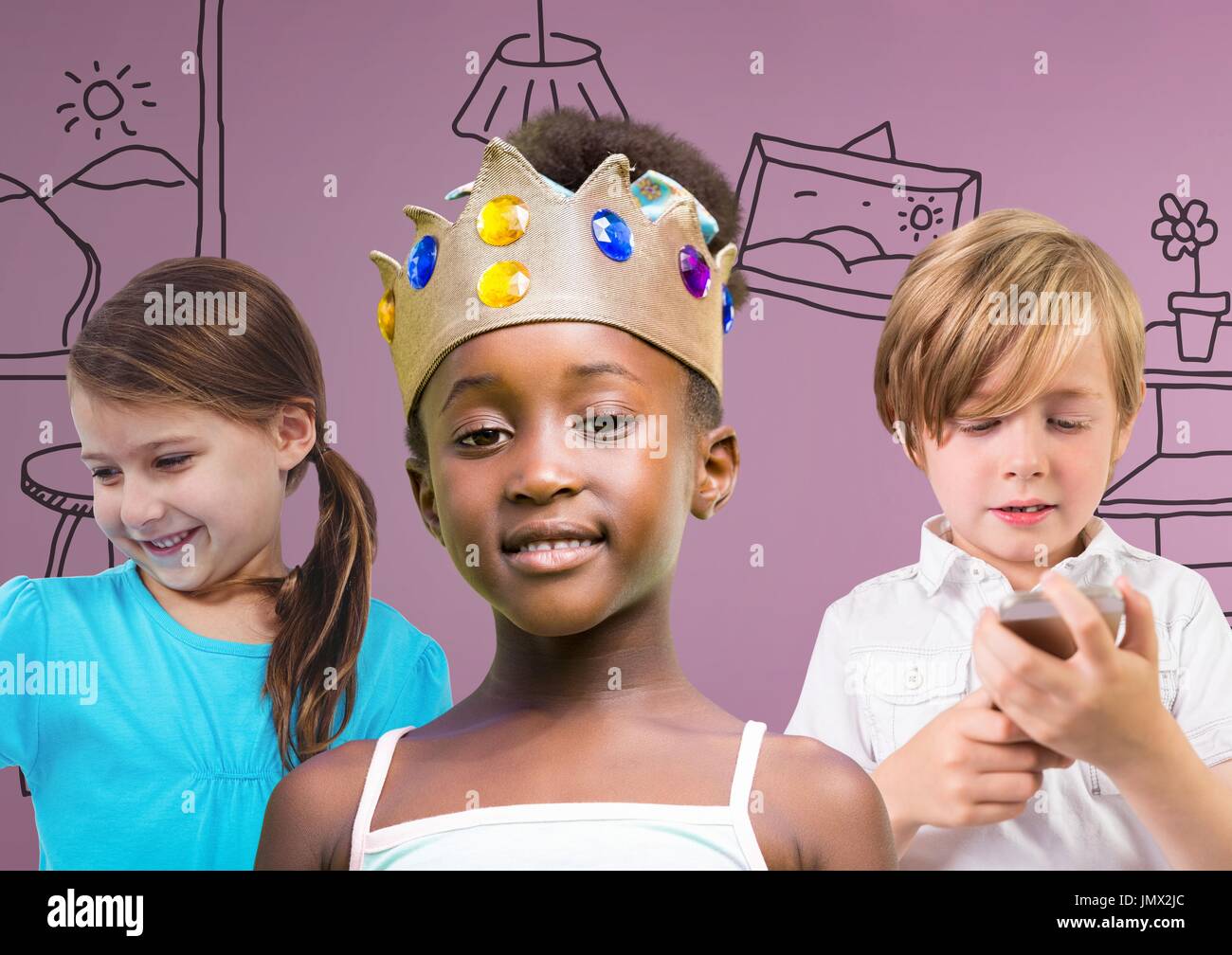 Digital composite of Girl wearing crown with friends in front of purple ...