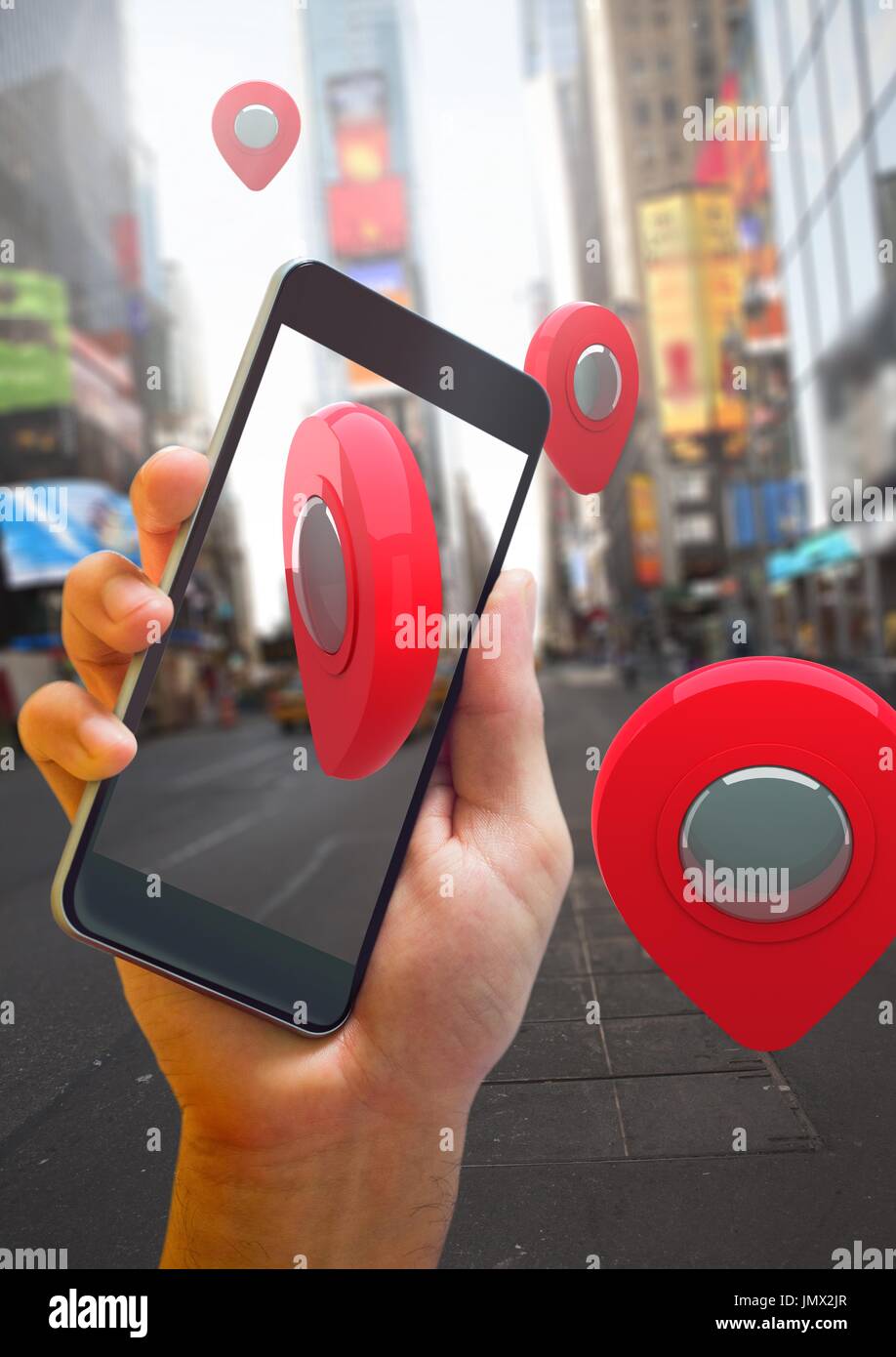 Digital composite of Holding phone and Location pointer markers in city ...