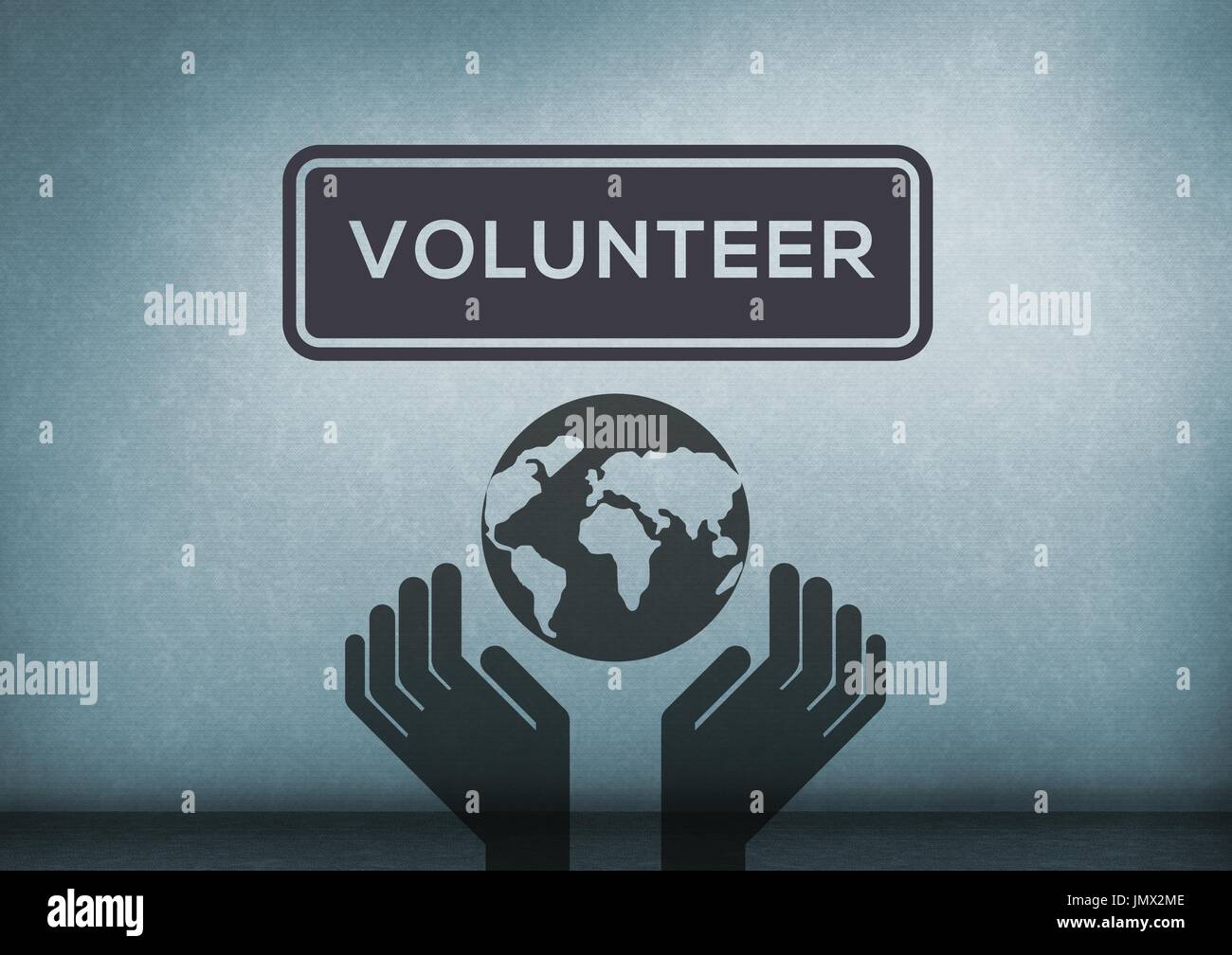Digital composite of volunteer text with world in hands care icon in ...