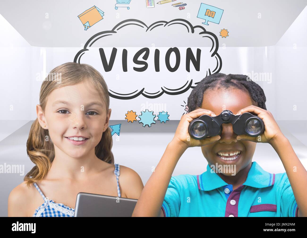 Digital composite of kids with binoculars with blank room background ...