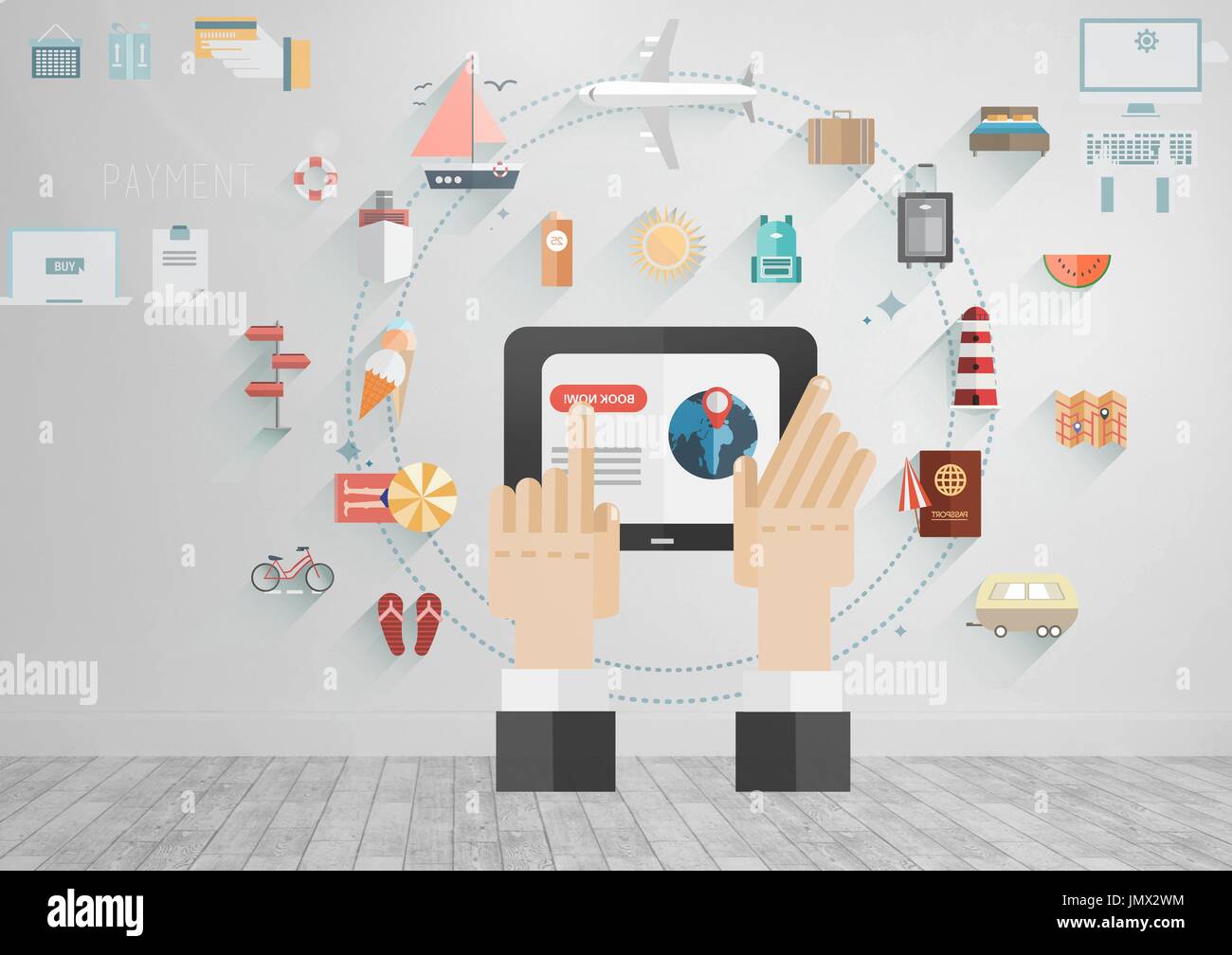 Digital composite of colorful Holiday online booking graphics with ...