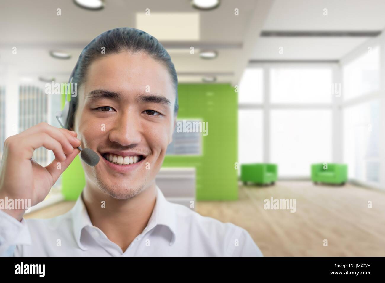 Digital composite of Happy customer care representative man against ...