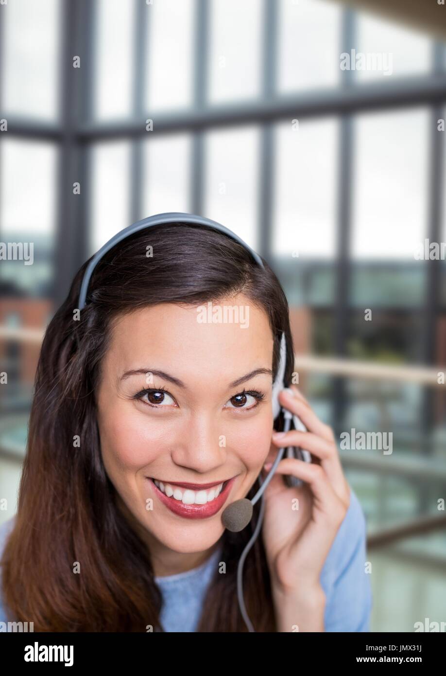 Digital composite of Happy customer care representative woman against ...