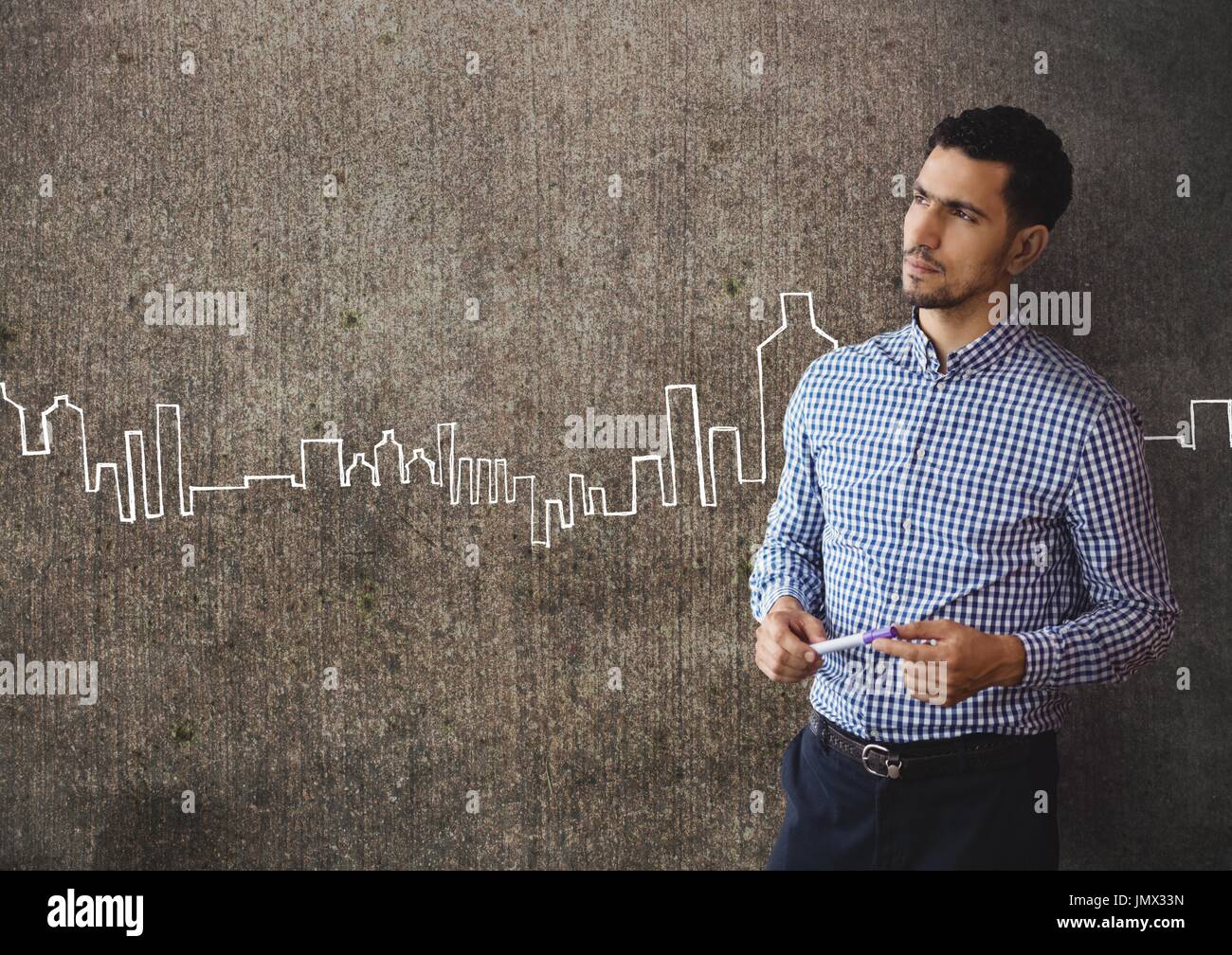 Digital composite of Confused business man standing against grey wall ...