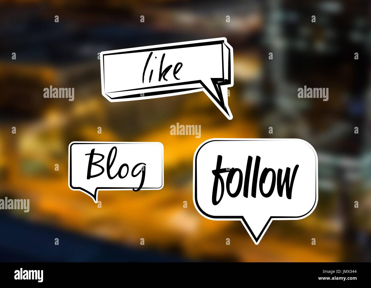 Digital composite of Like Blog Follow chat bubbles over city Stock ...