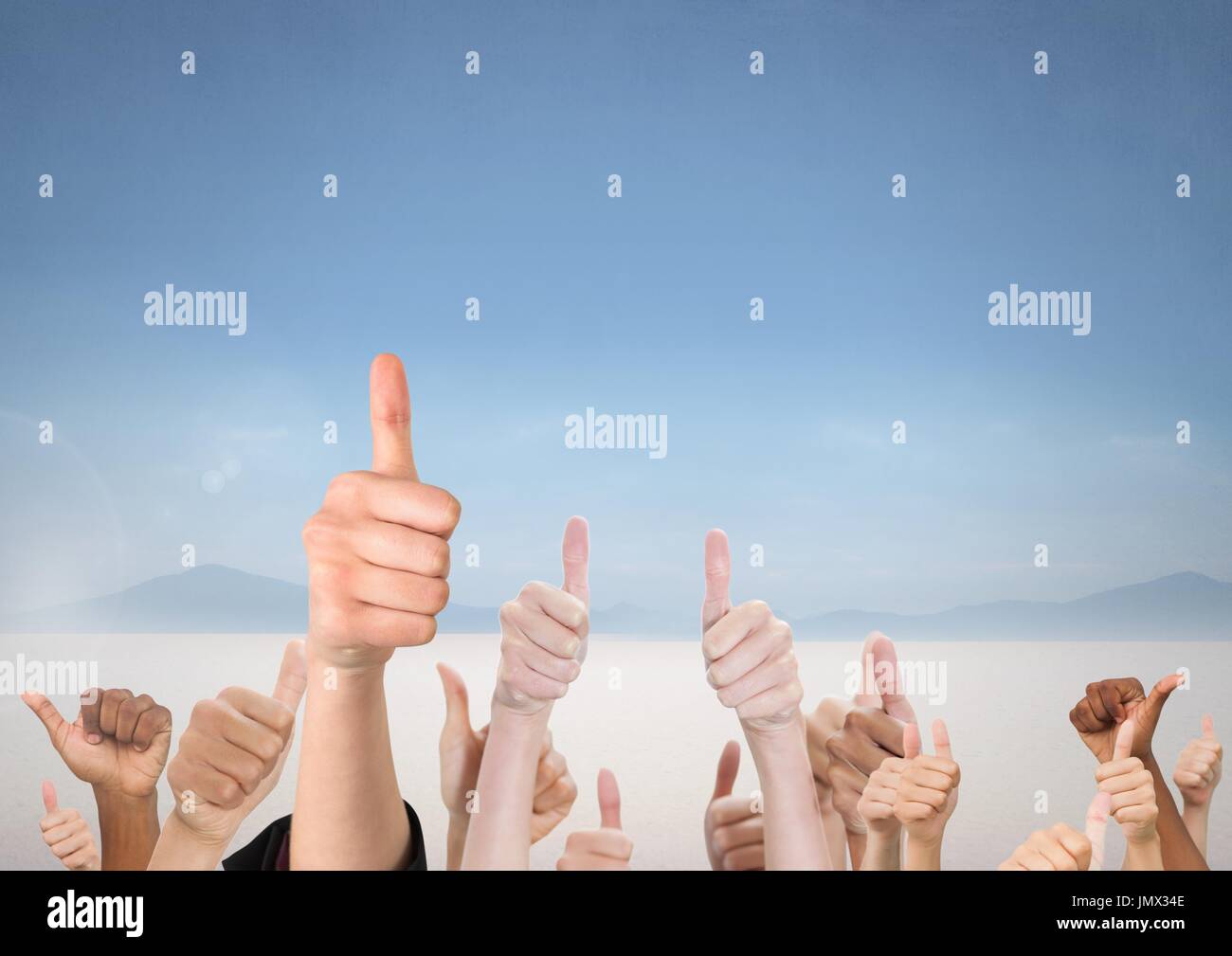 Digital composite of Lots of hands liking thumbs up with blue sky Stock ...