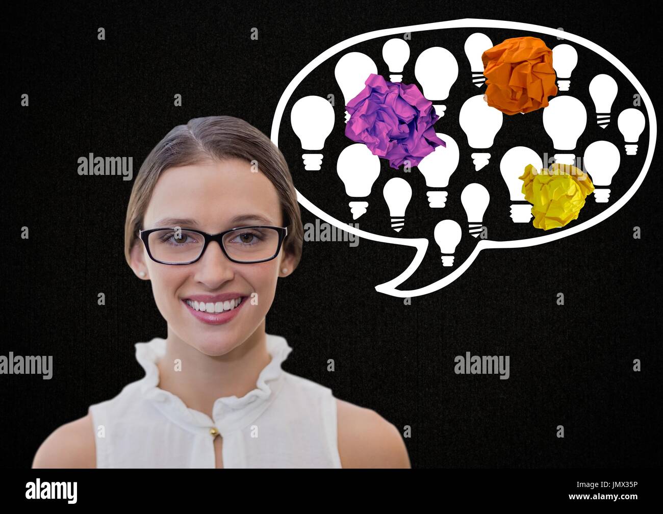 Digital composite of Woman standing next to light bulb chat bubble with ...