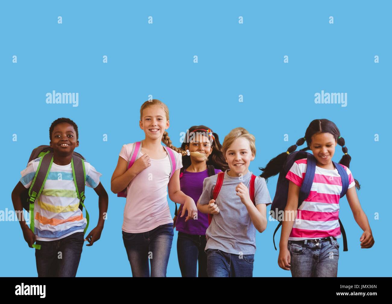 Digital composite of Running kids with blank blue background Stock ...