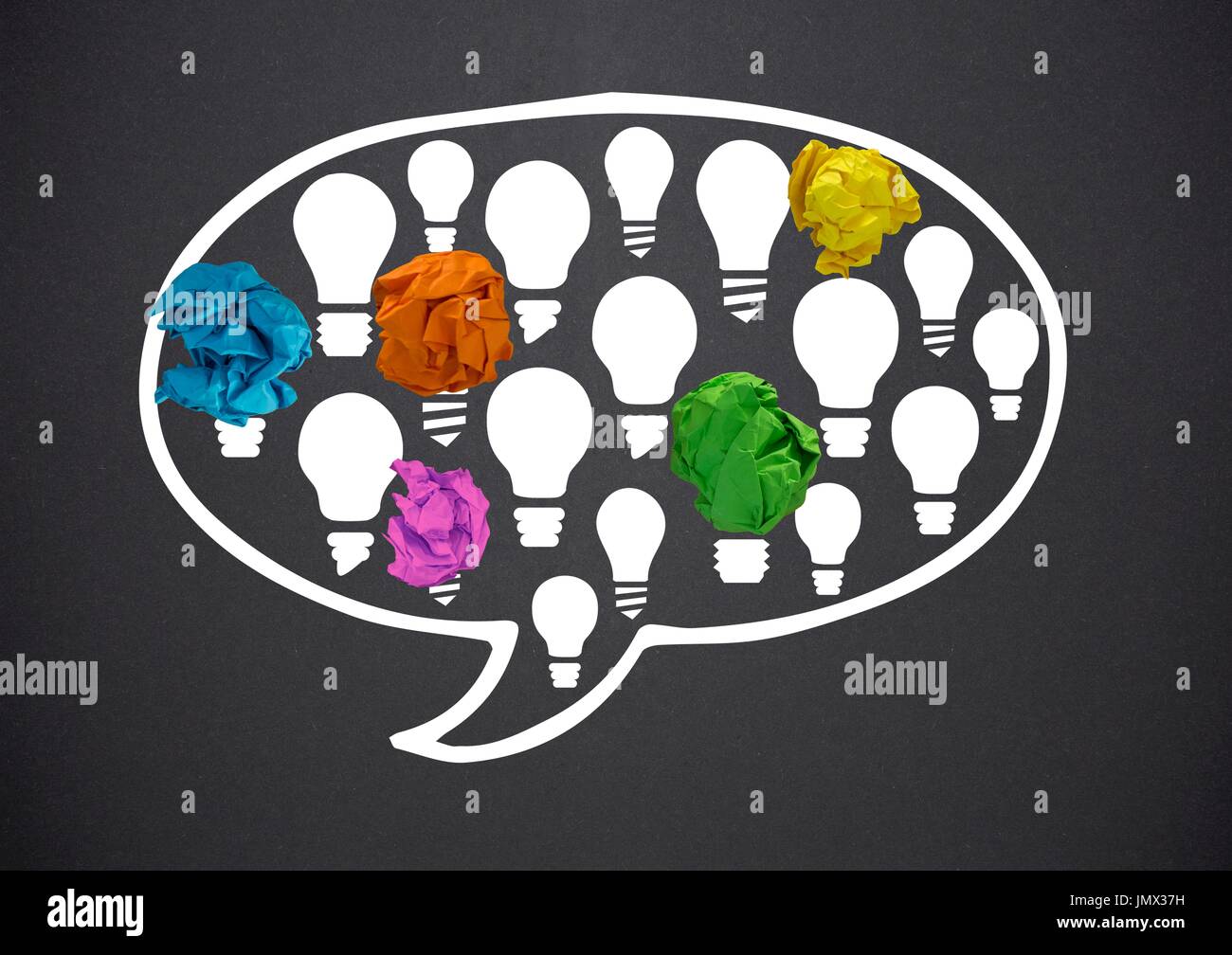 Digital composite of light bulbs chat bubble with crumpled paper balls ...